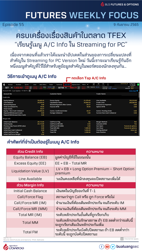 เรียนรู้เมนู A/C Info ใน Streaming for PC - TFEX : Thailand Futures Exchange